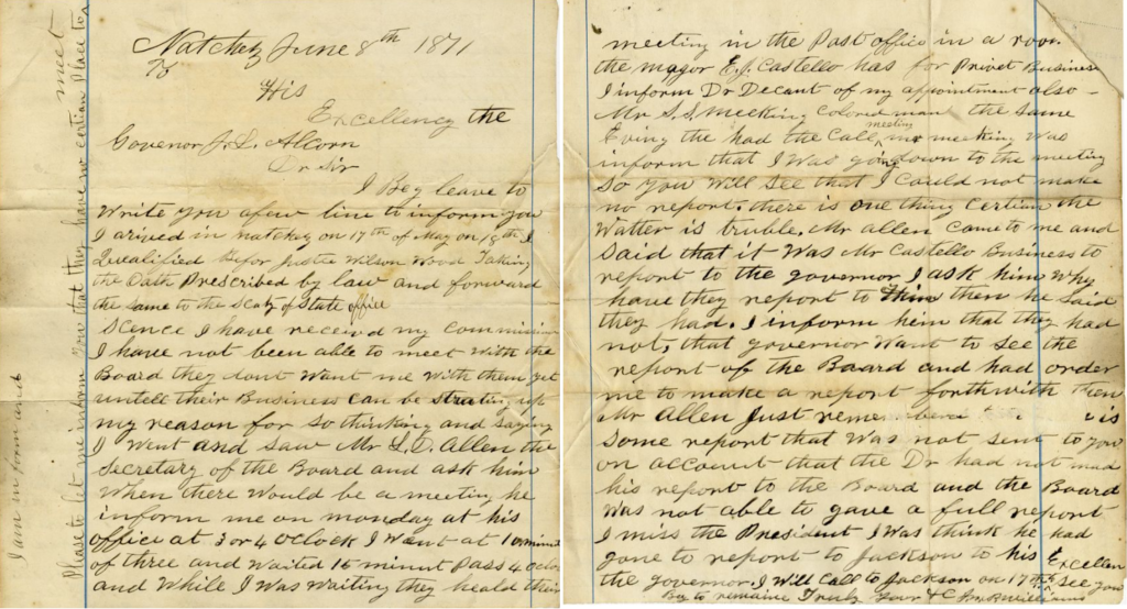 Letter from J. M. P. Williams to Governor Alcorn, June 8, 1871 ...